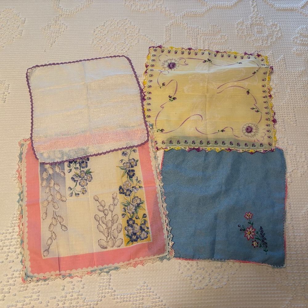 4 Vintage Handkerchiefs - Crochet Edging - Gem